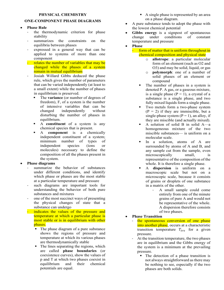Physical Chemistry: One-Component Phase Diagrams Lecture Notes
