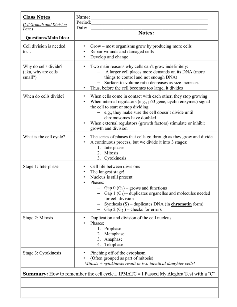Cell Growth & Division: Class Notes - IPMATC