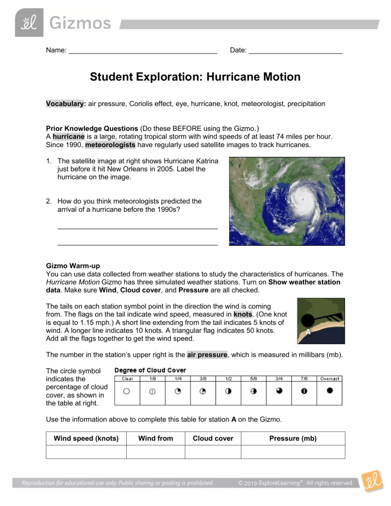 Hurricane Motion: Student Exploration Worksheet
