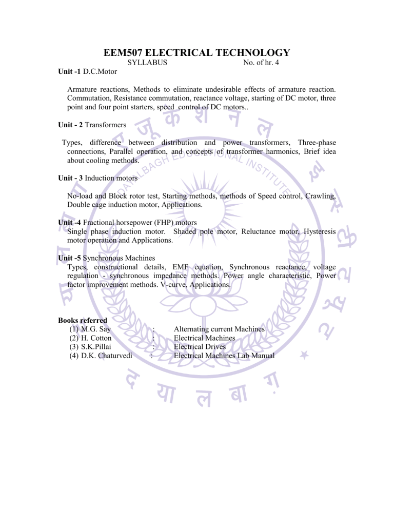 Electrical Technology Syllabus & Question Bank (EEM507)