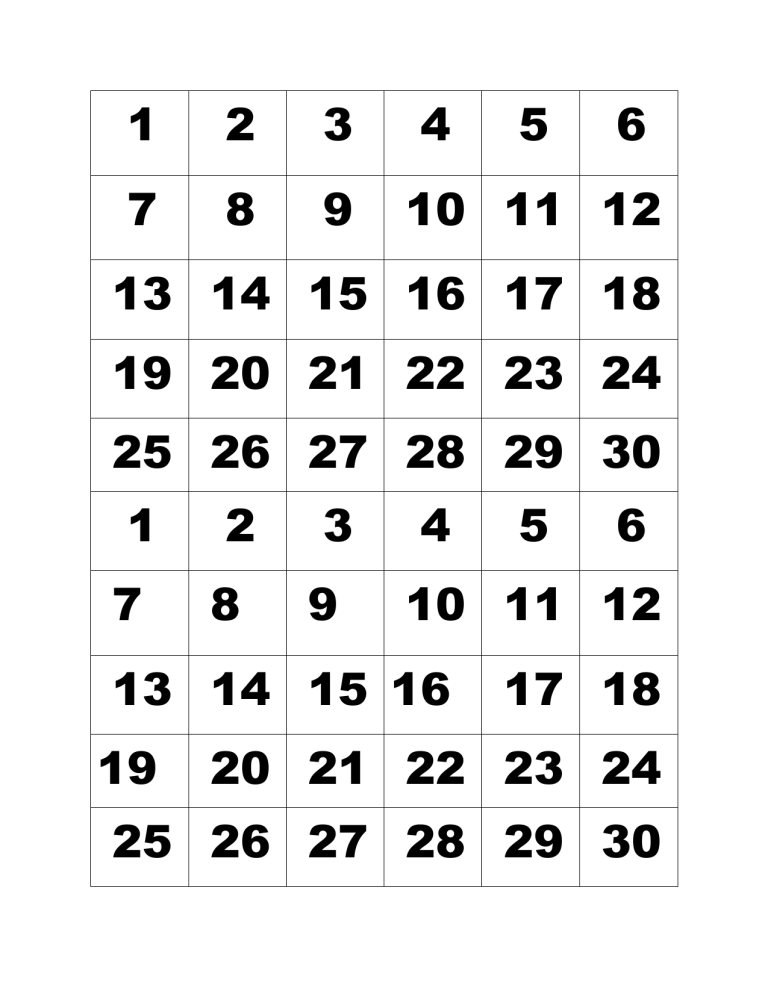 Numbers 1-30 Table