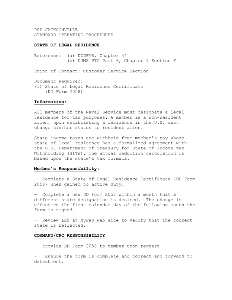 PSD Jacksonville SOP: State of Legal Residence