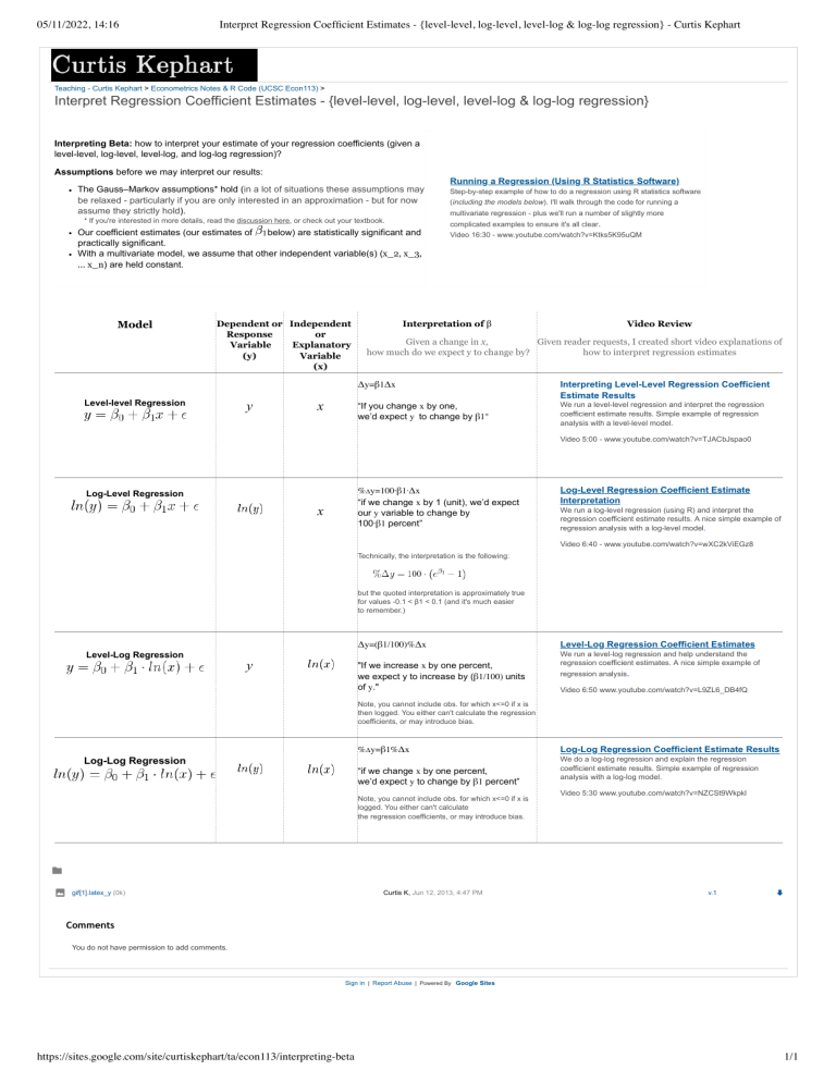 Interpreting Regression Coefficients: Level, Log Models