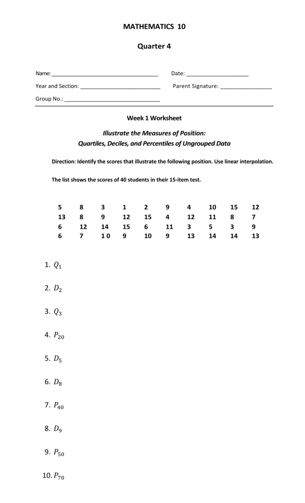 Measures of Position Worksheet - Math 10