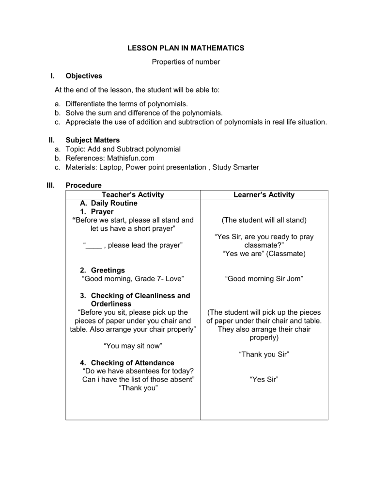 Math Lesson Plan: Adding & Subtracting Polynomials