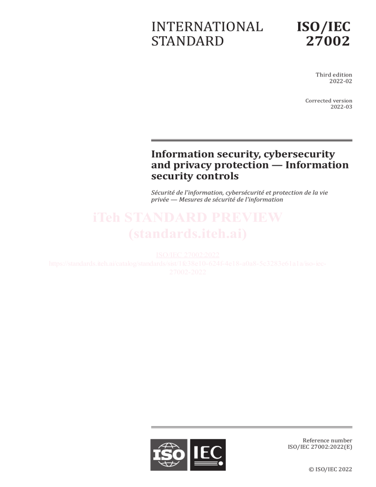ISO/IEC 27002:2022 Information Security Controls Standard