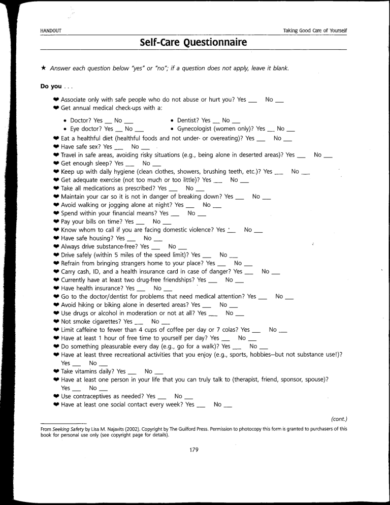Self-Care Questionnaire: Health & Safety Assessment