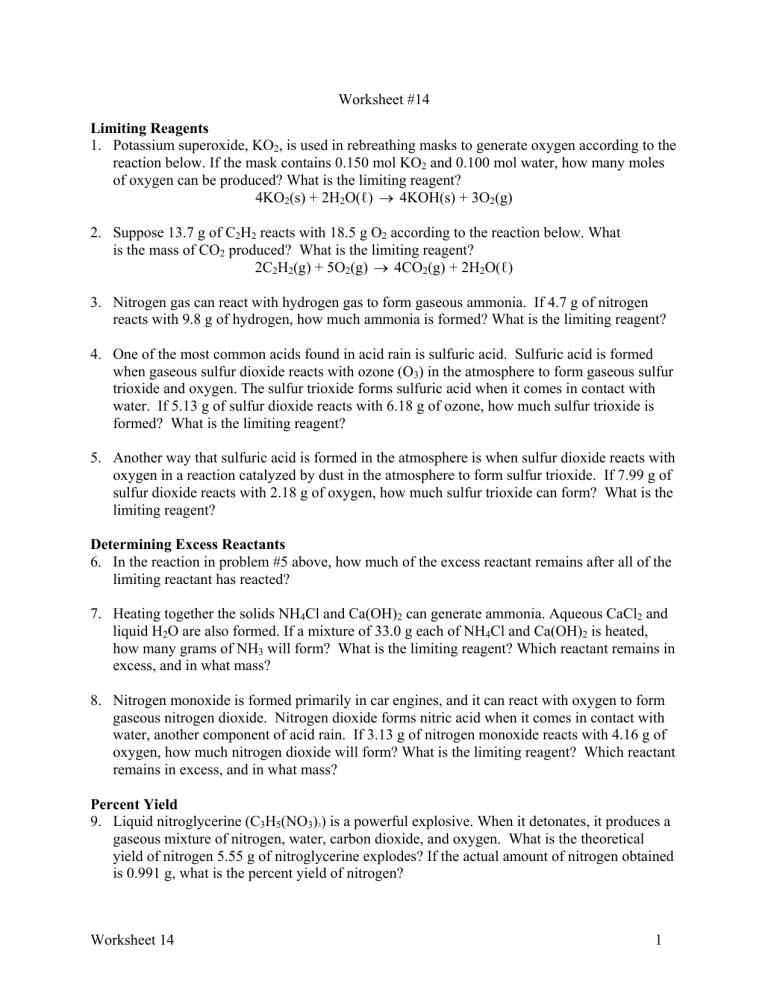 Limiting Reagents & Percent Yield Chemistry Worksheet