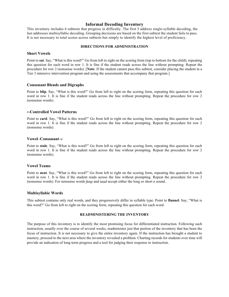 Decoding Inventory: Reading Assessment Tool