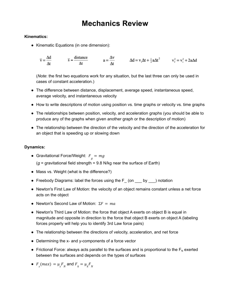 Mechanics Review: Kinematics, Dynamics, Energy