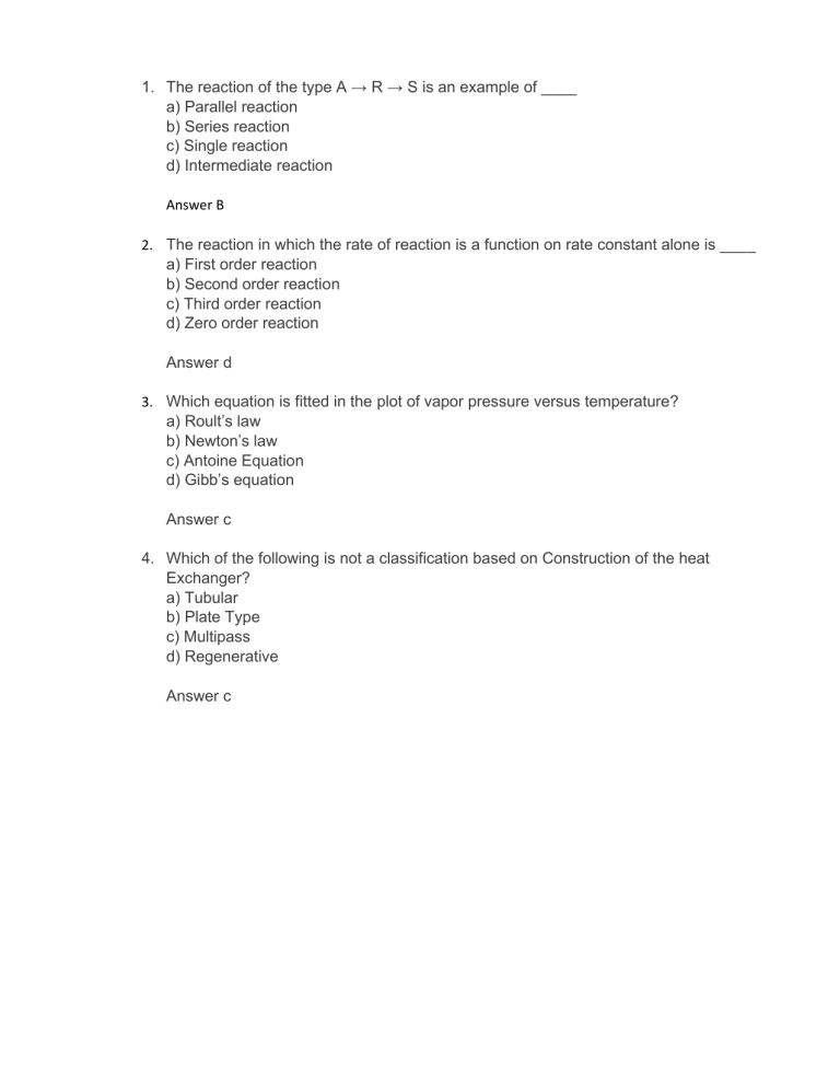 Chemical Engineering Quiz: Reactions, Rates, Heat Exchangers