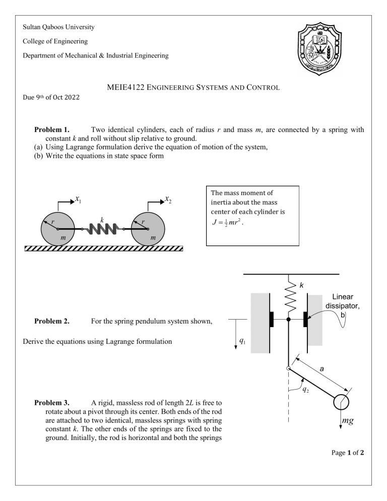 Engineering Systems and Control Homework: Lagrangian Mechanics