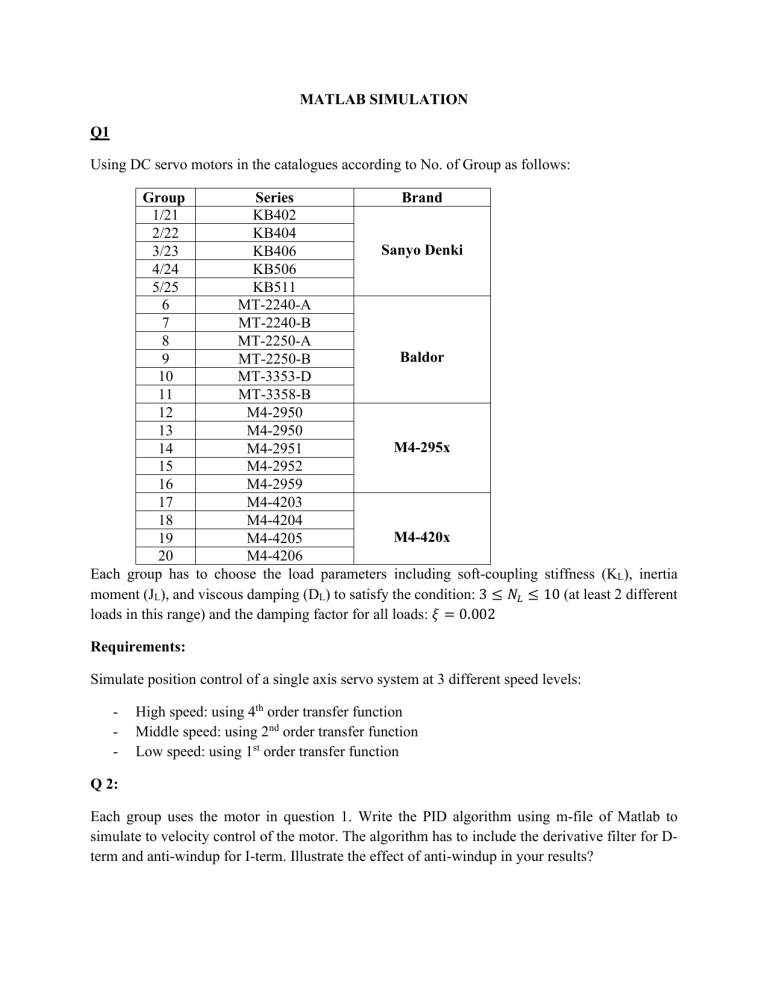 MATLAB Servo Motor Control Simulation Assignment