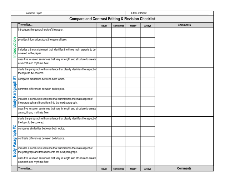 Compare & Contrast Essay Editing Checklist