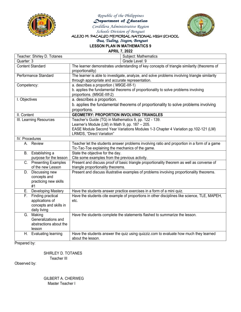 Mathematics 9 Lesson Plan: Triangle Similarity & Proportionality