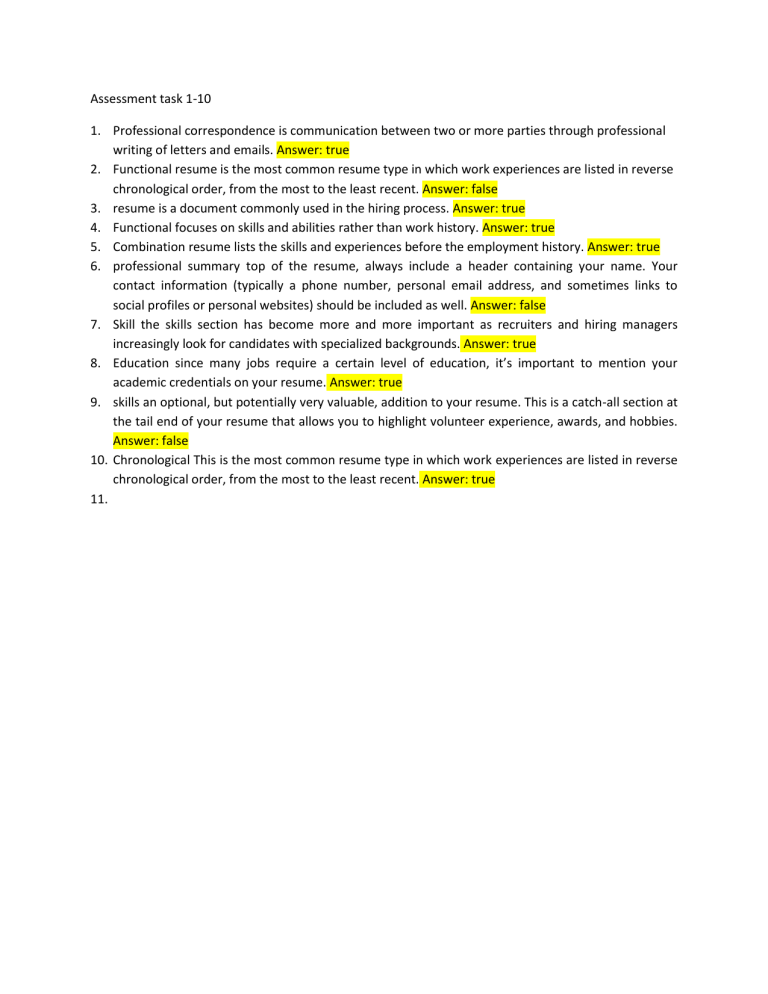 Resume Writing & Professional Correspondence Assessment