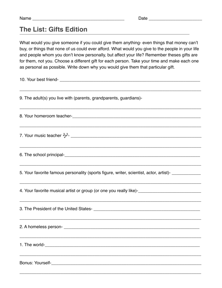 The List: Gifts Edition - Thoughtful Gift Giving Worksheet