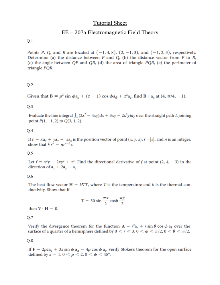 Electromagnetic Field Theory Tutorial Sheet