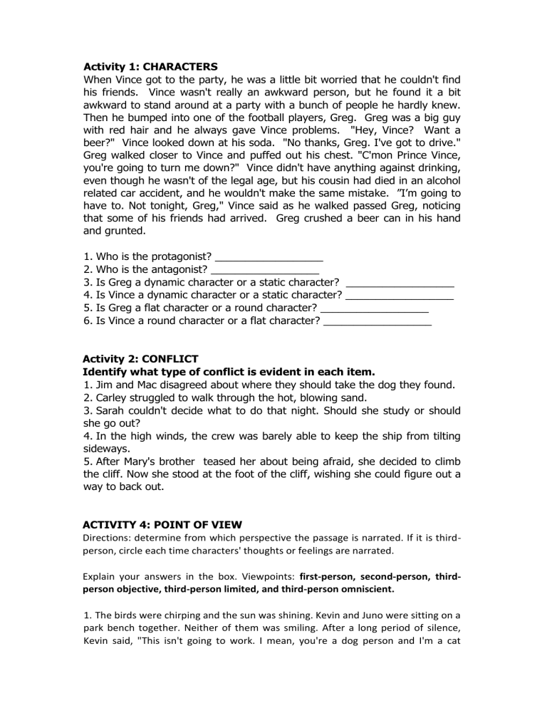 Fiction Elements: Character, Conflict, Point of View Worksheet