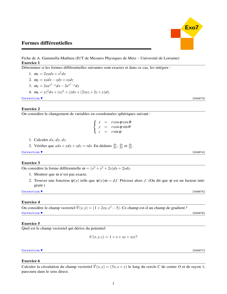 Formes différentielles : Exercices et corrections