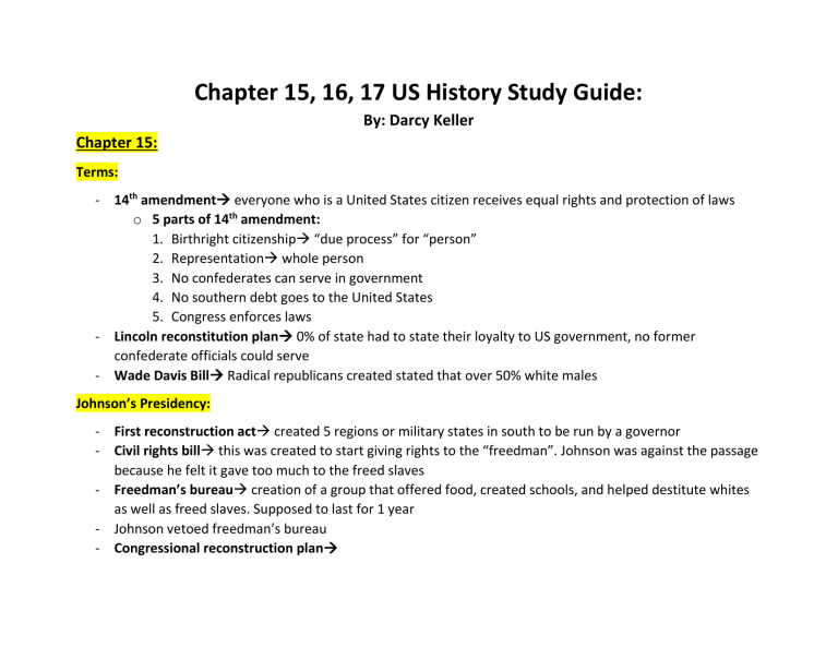 US History Study Guide: Chapters 15-17