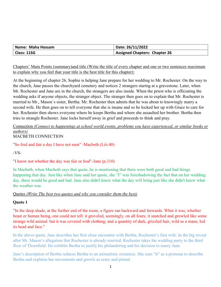 Chapter 26 Analysis: Jane Eyre Student Assignment