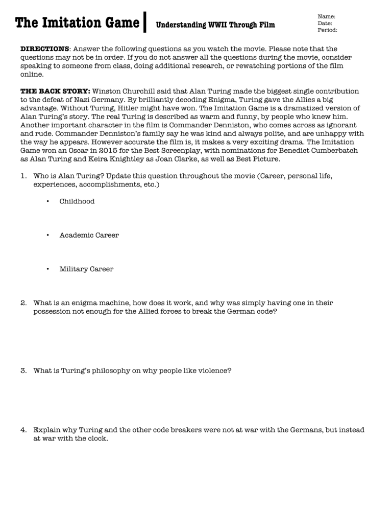 The Imitation Game Movie Worksheet: WWII & Alan Turing
