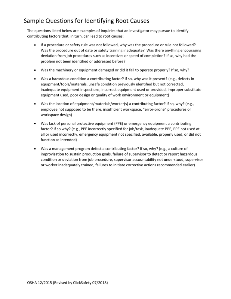 Root Cause Analysis Questions: Workplace Safety Guide