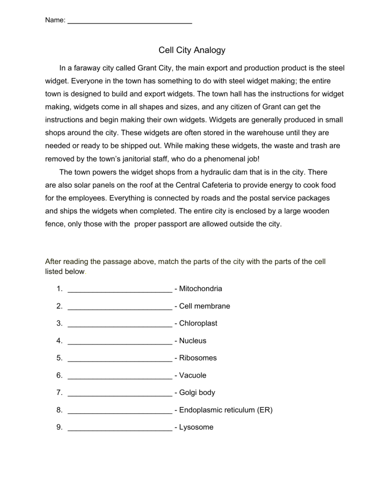 Cell City Analogy Worksheet