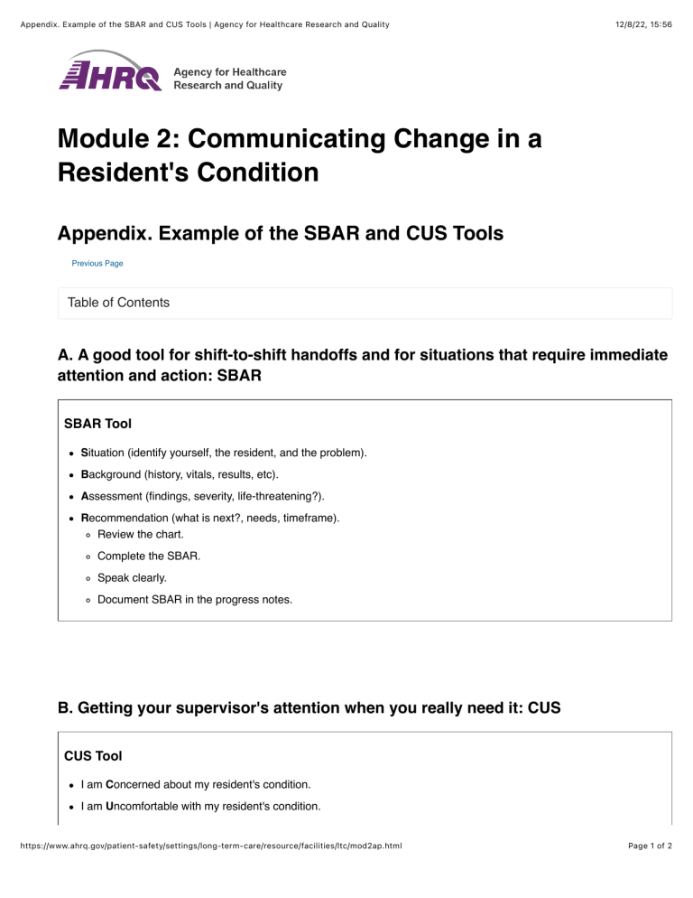 SBAR & CUS Tools for Resident Condition Communication