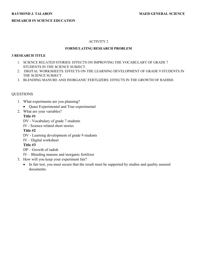 Research Problem Formulation in Science Education