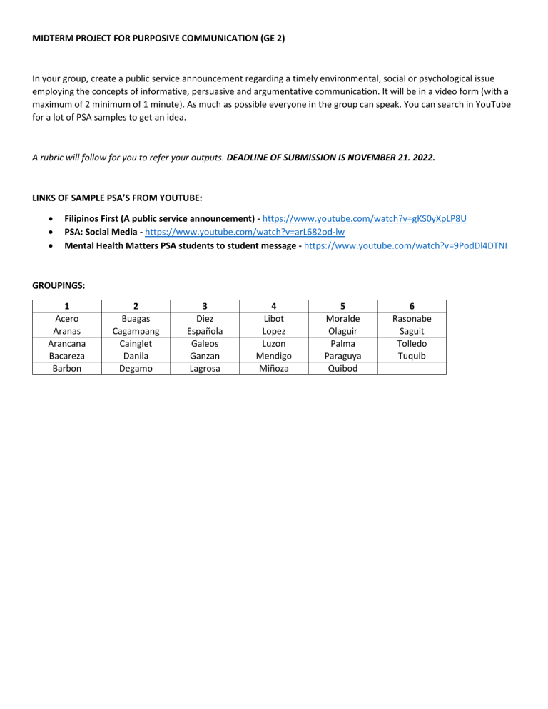 PSA Project Assignment: Purposive Communication