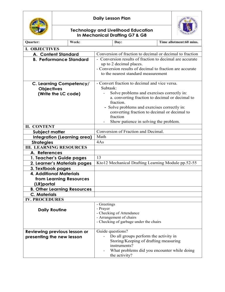 Mechanical Drafting: Fraction & Decimal Conversion Lesson