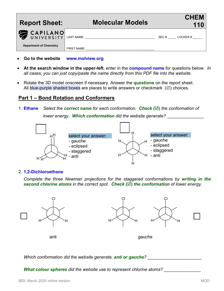 Molecular Models Lab Report Sheet