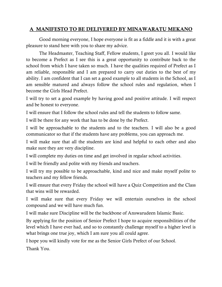 Minawaratu Mekano's Manifesto for Senior Girls Prefect