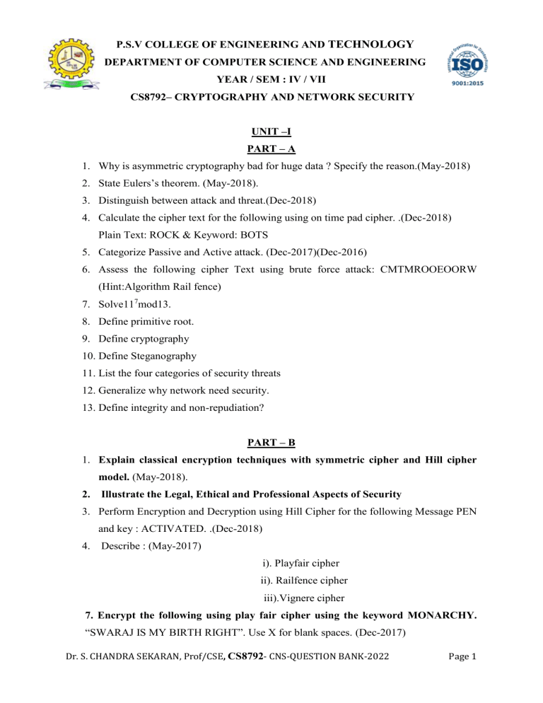 Cryptography & Network Security Question Bank