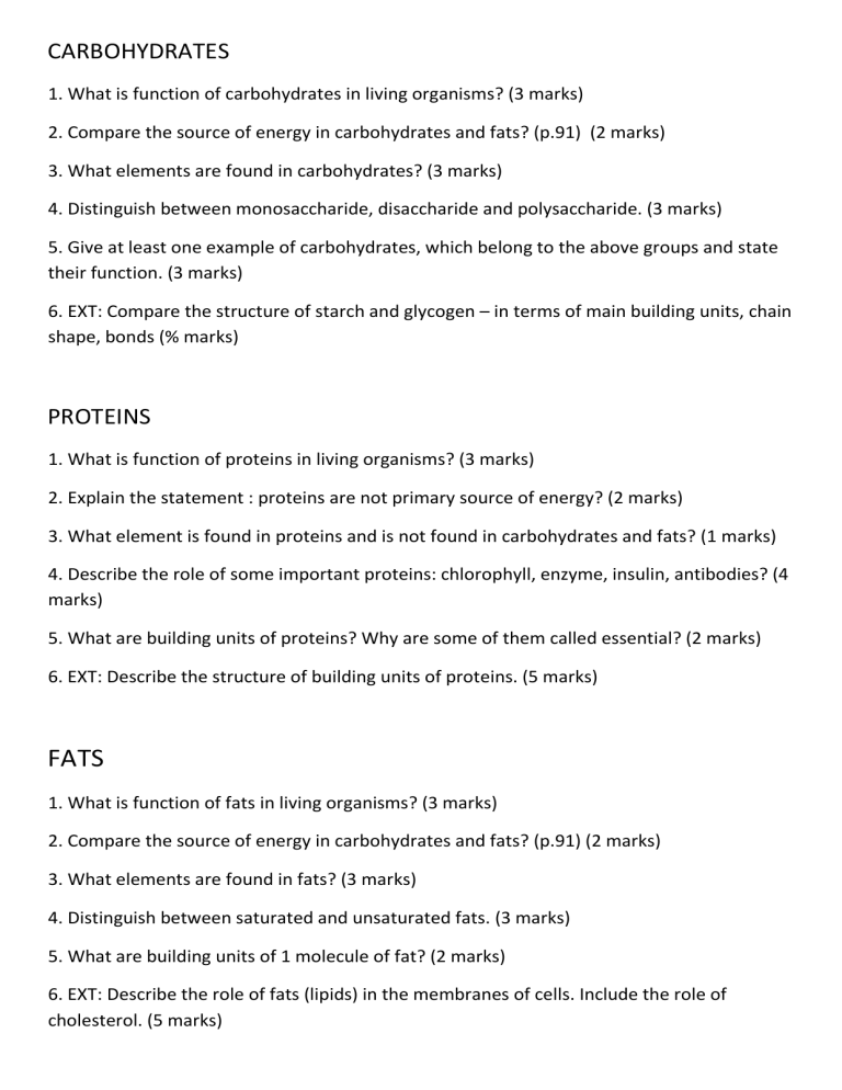 Carbohydrates, Proteins, and Fats Worksheet