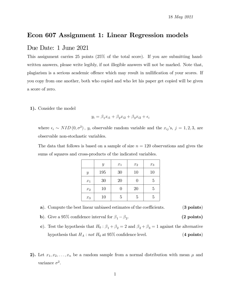 Econ 607 Assignment 1: Linear Regression Models