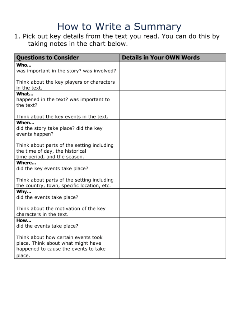 How to Write a Summary Worksheet