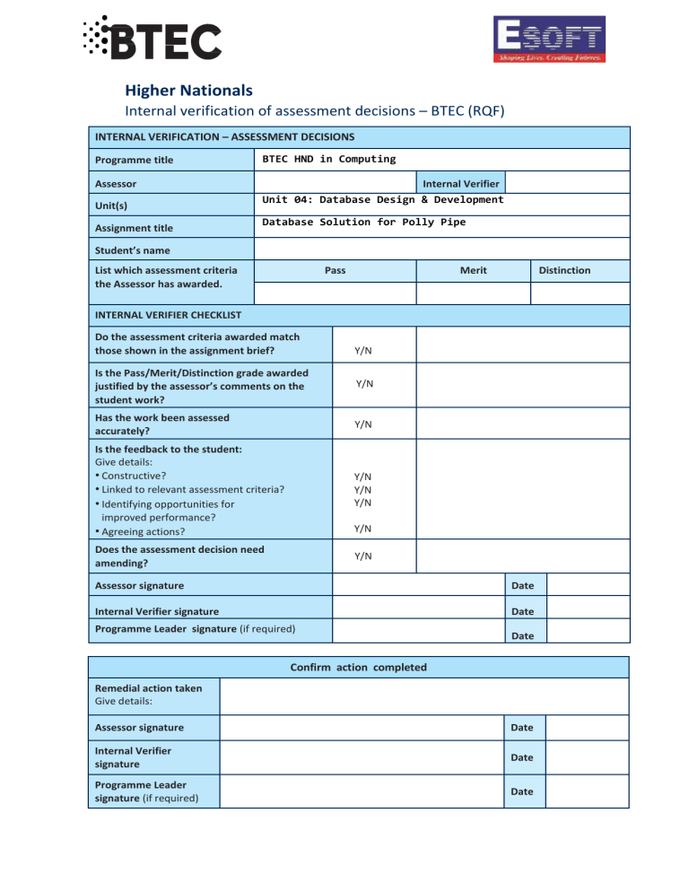 Database Design Assignment Brief & Feedback - BTEC HND Computing