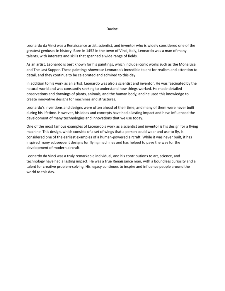 Leonardo da Vinci: Renaissance Artist, Scientist, Inventor