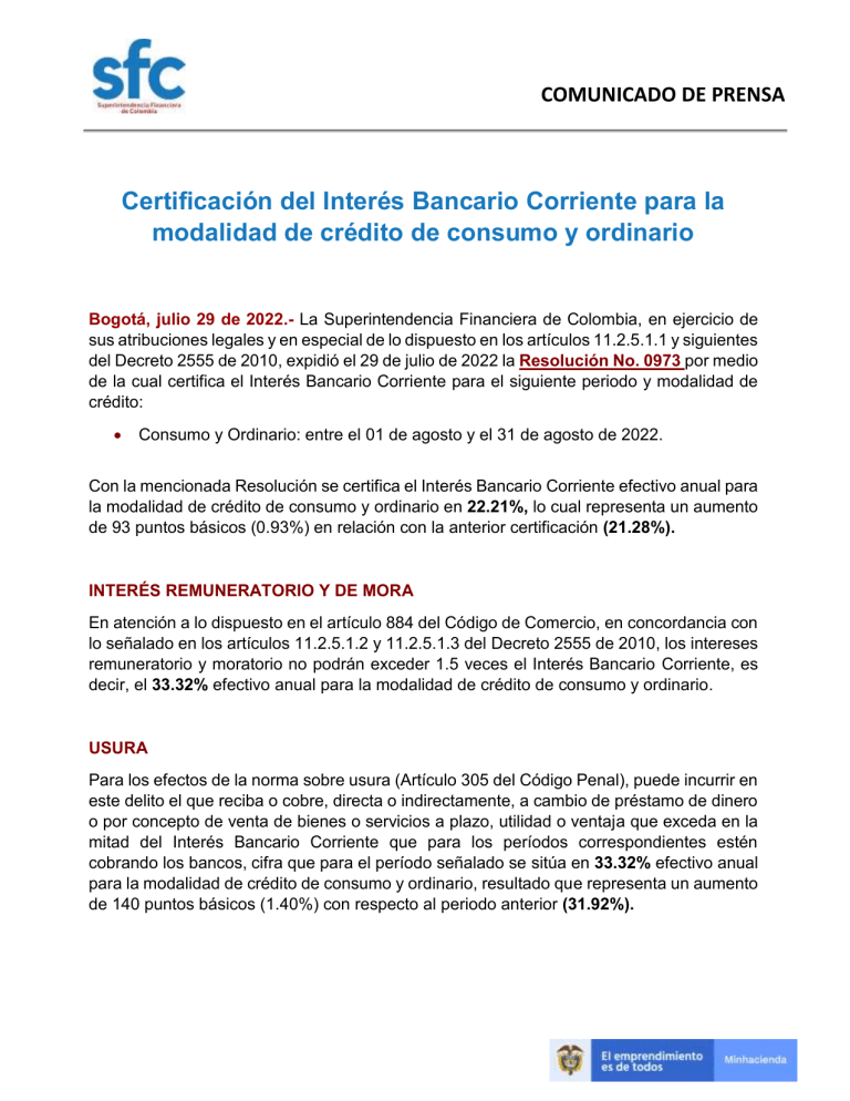 Interés Bancario Corriente Colombia - Julio 2022