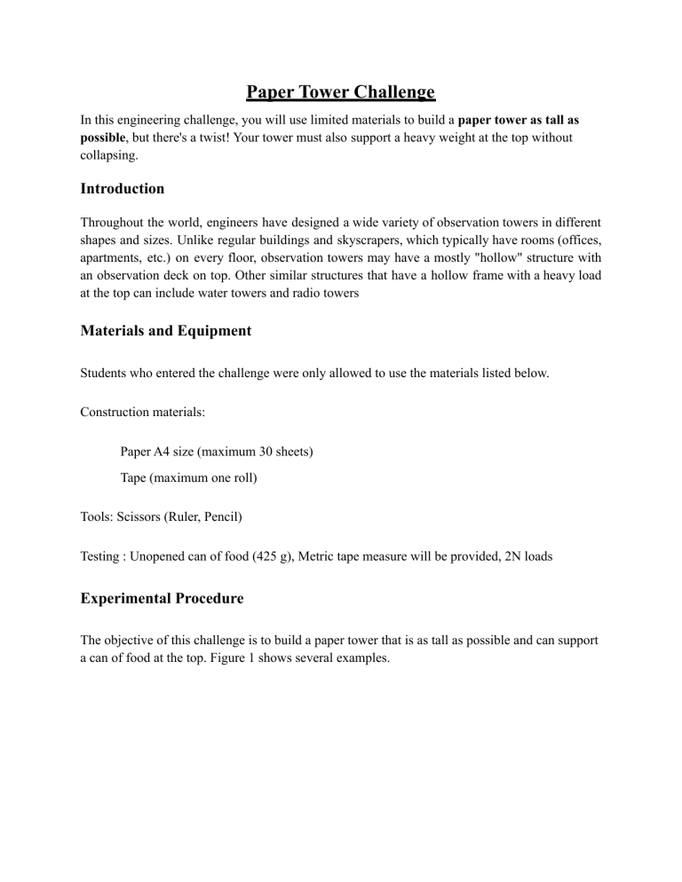 Paper Tower Challenge: Engineering Design & Build