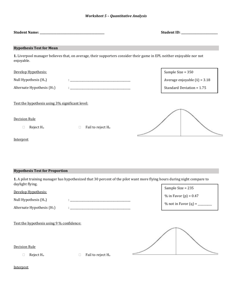 Quantitative Analysis Worksheet: Hypothesis Testing & ANOVA
