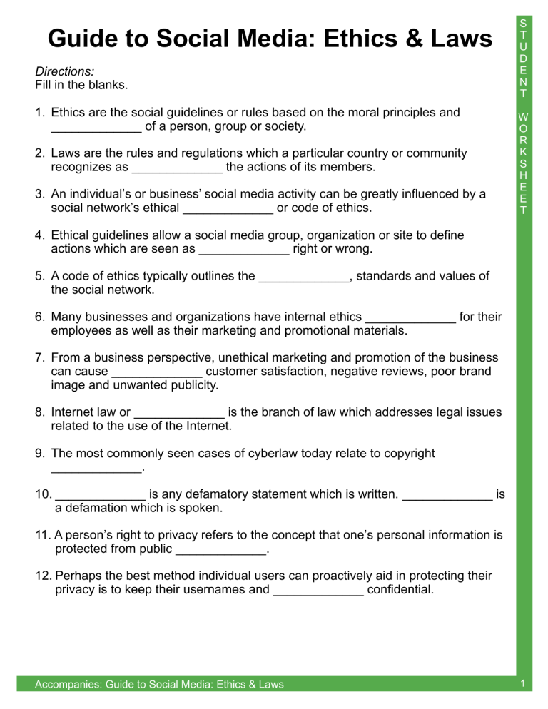 Social Media Ethics & Laws Worksheet