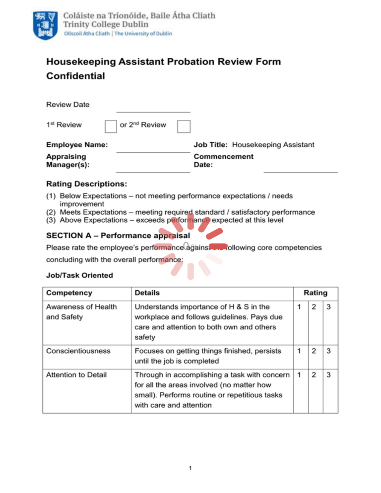 Housekeeping Assistant Probation Review Form - Trinity College