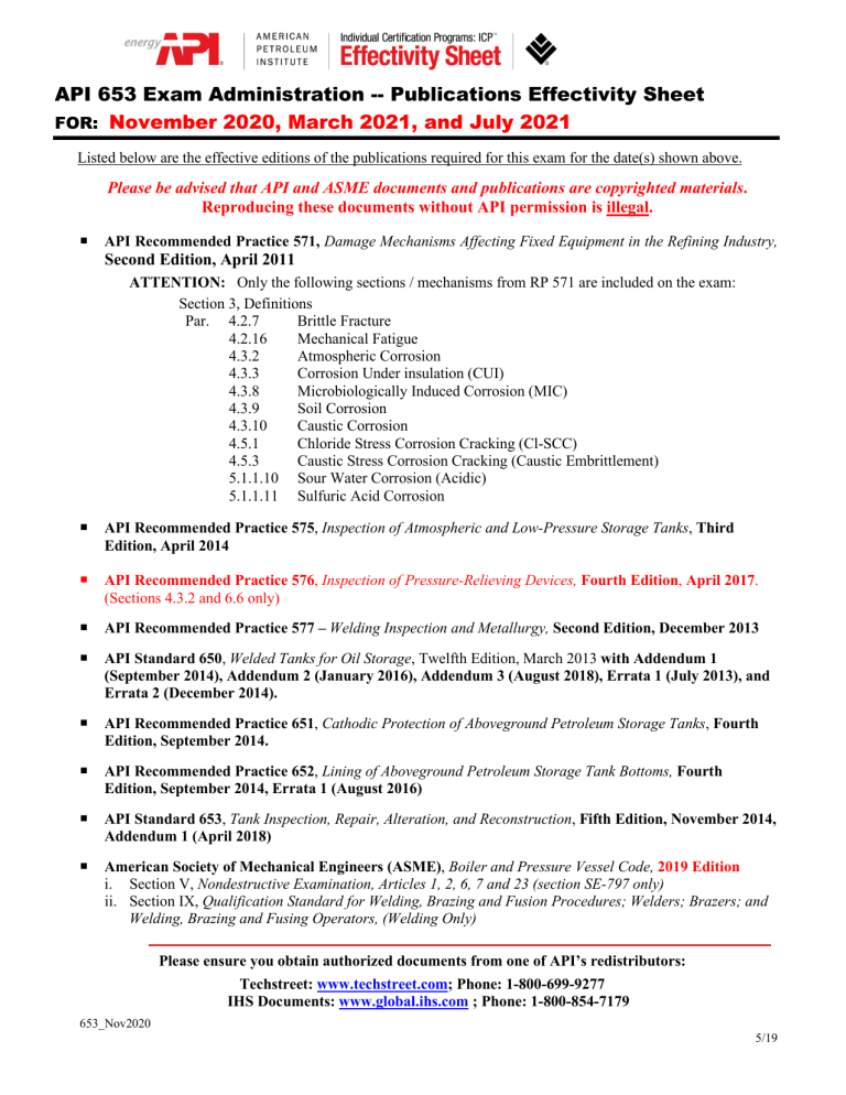 API 653 Exam Publications: Nov 2020, Mar & Jul 2021