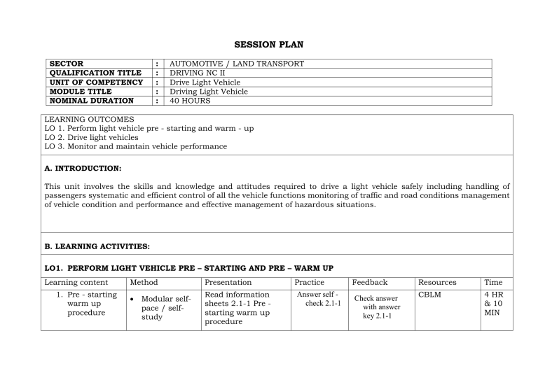 Driving NC II Session Plan: Light Vehicle Operation