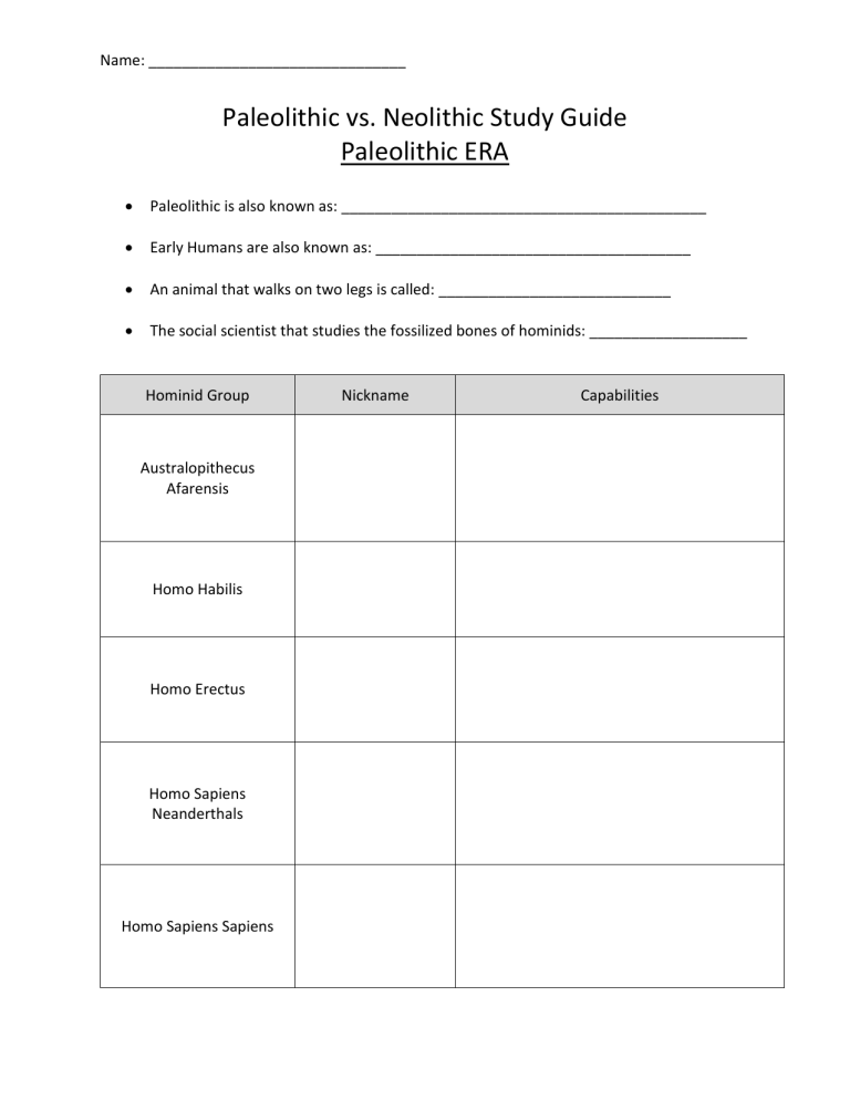 Paleolithic vs. Neolithic Study Guide