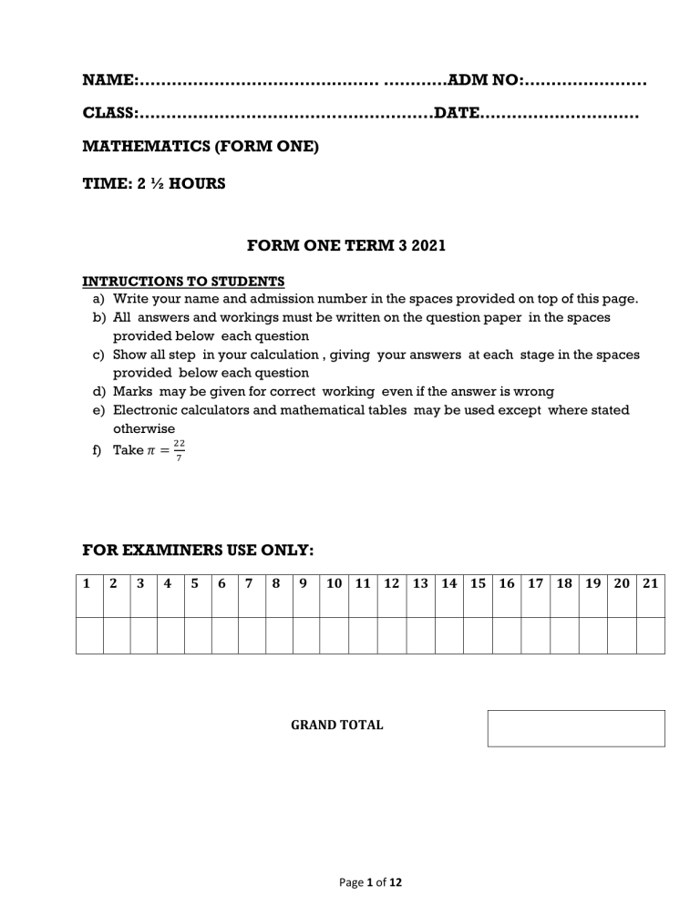 Form One Mathematics Exam Paper - Term 3 2021